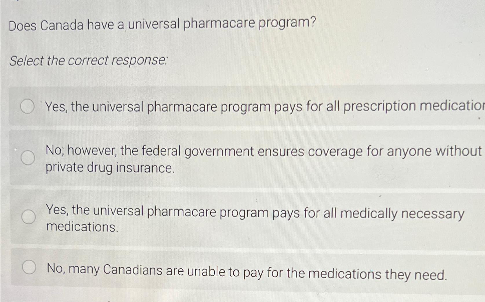 Solved Does Canada have a universal pharmacare | Chegg.com