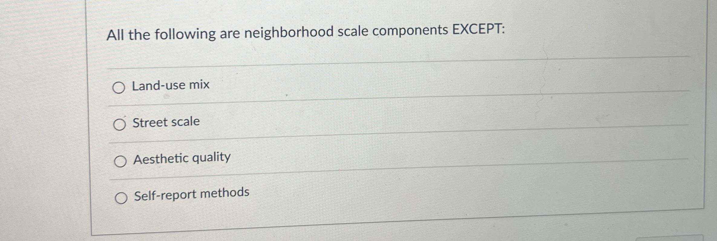 Solved All the following are neighborhood scale components | Chegg.com