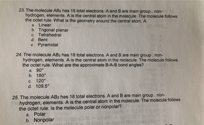 Solved 23. The molecule AB2 has 18 total electrons. A and B | Chegg.com