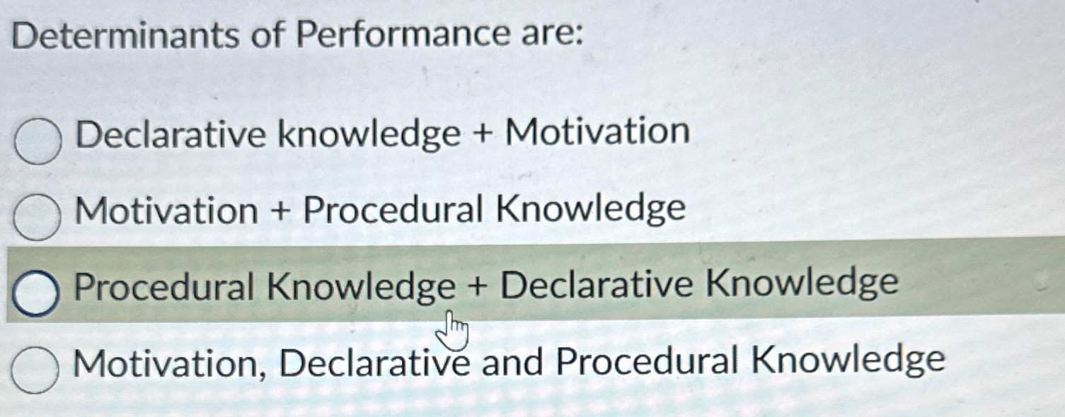 Solved Determinants of Performance are:Declarative knowledge | Chegg.com