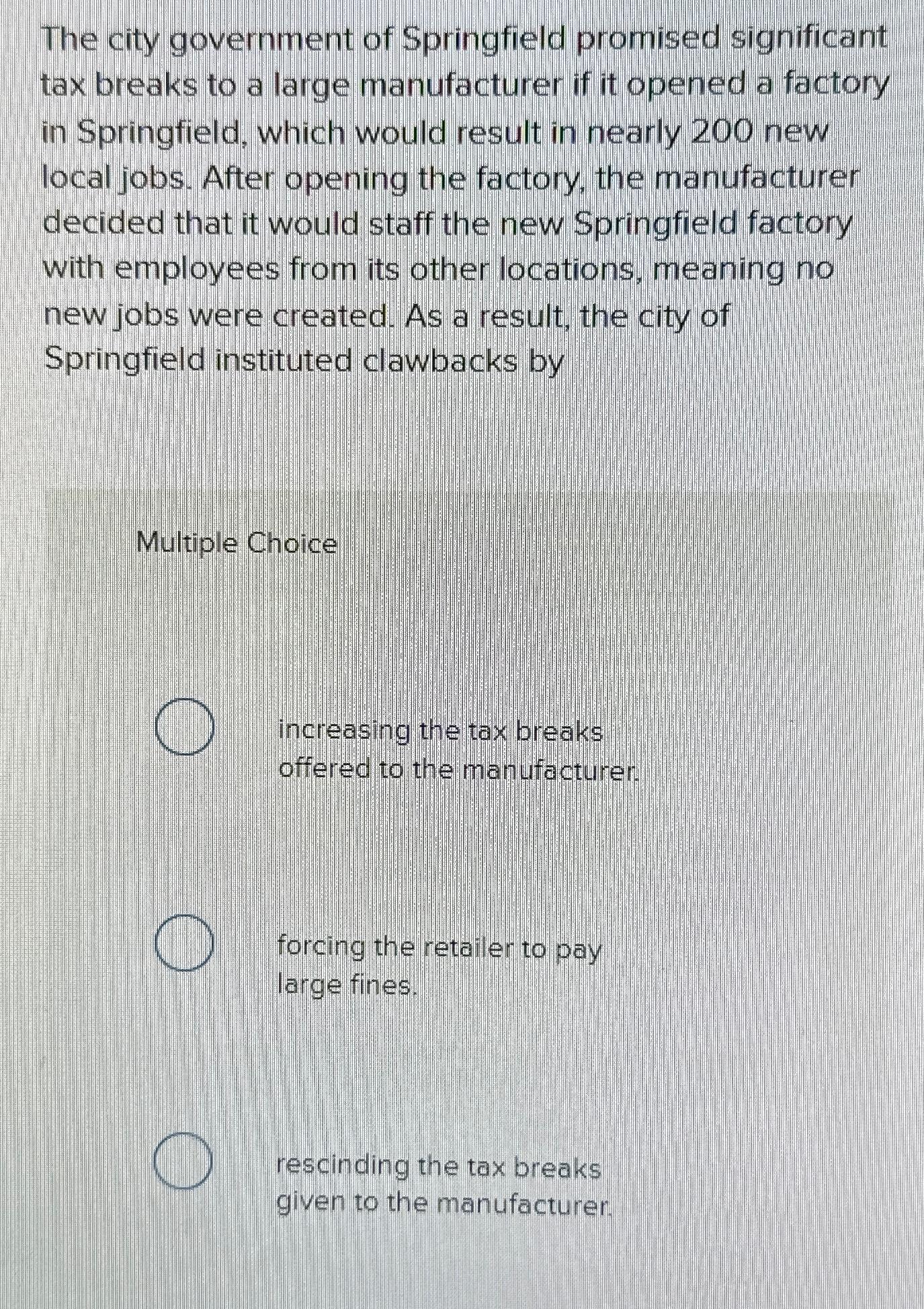 Solved The city government of Springfield promised | Chegg.com