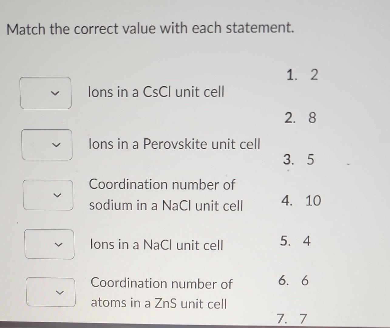 Solved Match the correct value with each statement. 1. 2 | Chegg.com