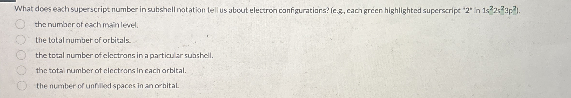 What does each superscript number in subshell | Chegg.com