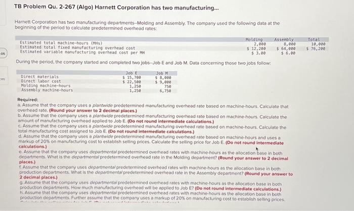 Solved TB Problem Qu. 2-267 (Algo) Harnett Corporation has | Chegg.com Solved TB Problem Qu. 2-267 (Algo) Harnett Corporation has | Chegg.com