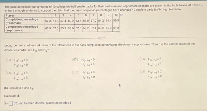 Solved The pass completion percentages of 10 college | Chegg.com