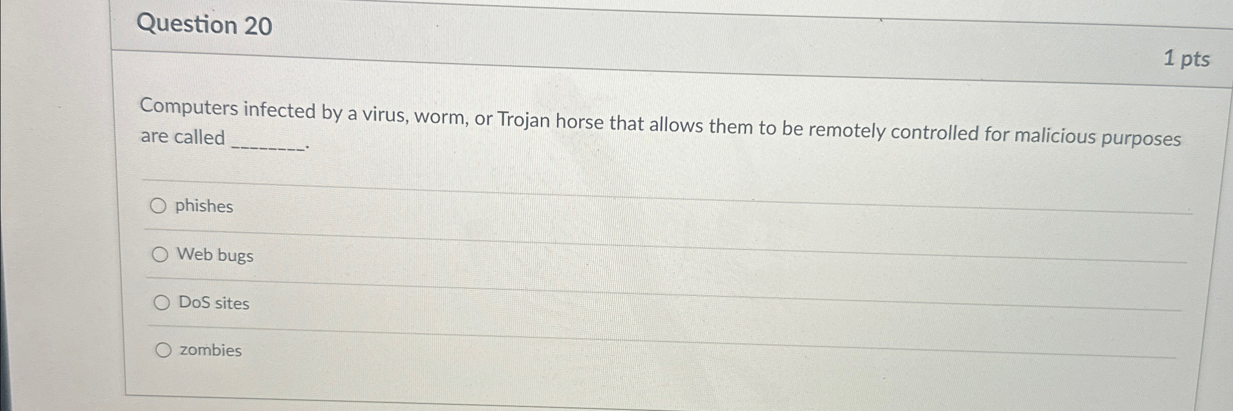 Solved Question 201 ﻿ptsComputers infected by a virus, worm, | Chegg.com