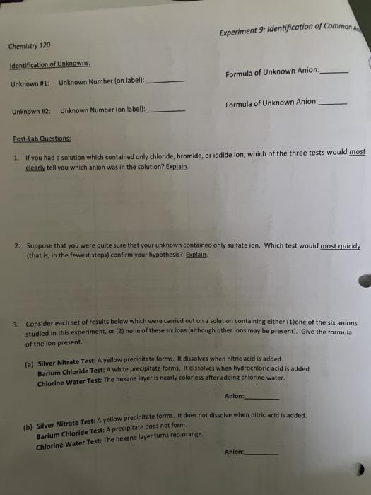 Solved Experiment 9: Identification of Common Anions Report | Chegg.com