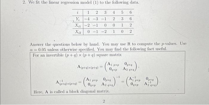 Solved 2. We fit the linear regression model (1) to the | Chegg.com