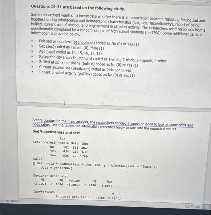 Solved Questions 19-31 are based on the following study. | Chegg.com