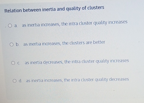 Solved Relation between inertia and quality of clustersa. | Chegg.com