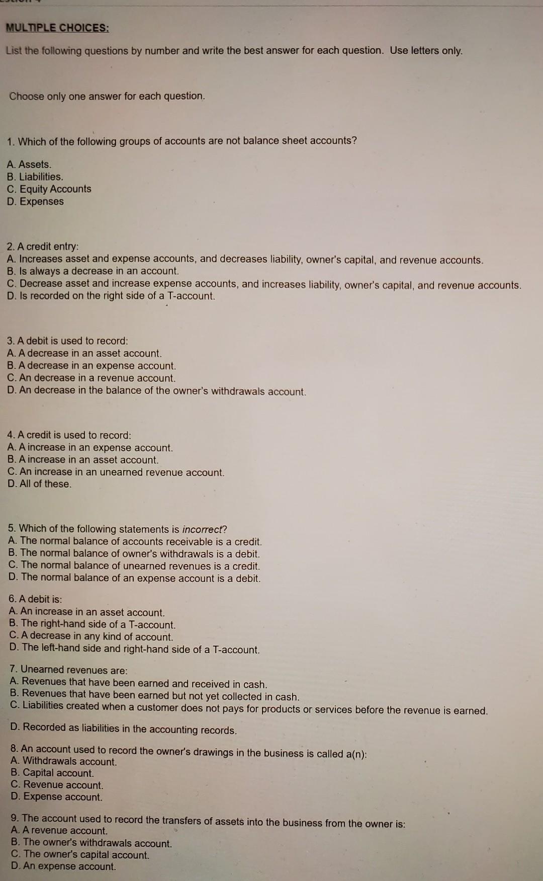 Solved MULTIPLE CHOICES: List the following questions by | Chegg.com