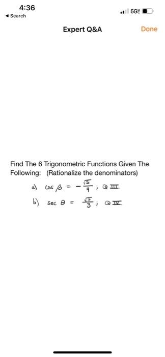 Solved Find The 6 Trigonometric Functions Given The | Chegg.com