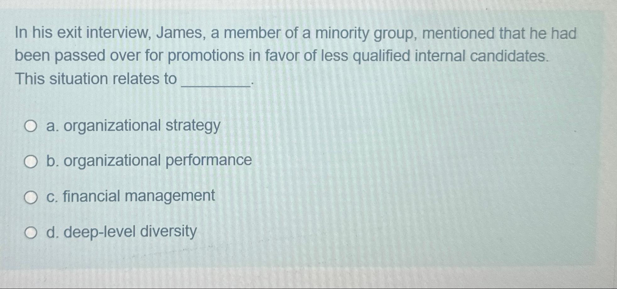 Solved In his exit interview, James, a member of a minority | Chegg.com