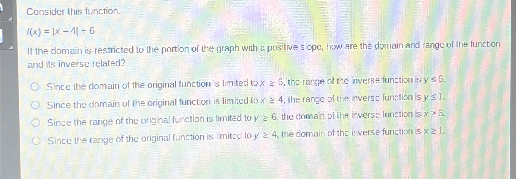 Solved Consider this function.f(x)=|x-4|+6If the domain is | Chegg.com