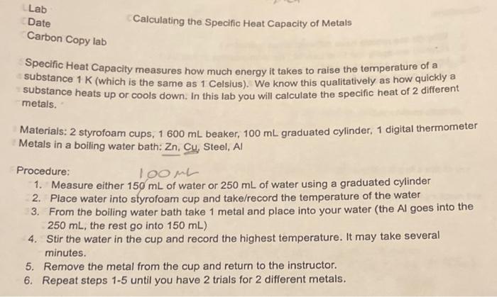 Solved Date Carbon Copy lab Specific Heat Capacity measures | Chegg.com