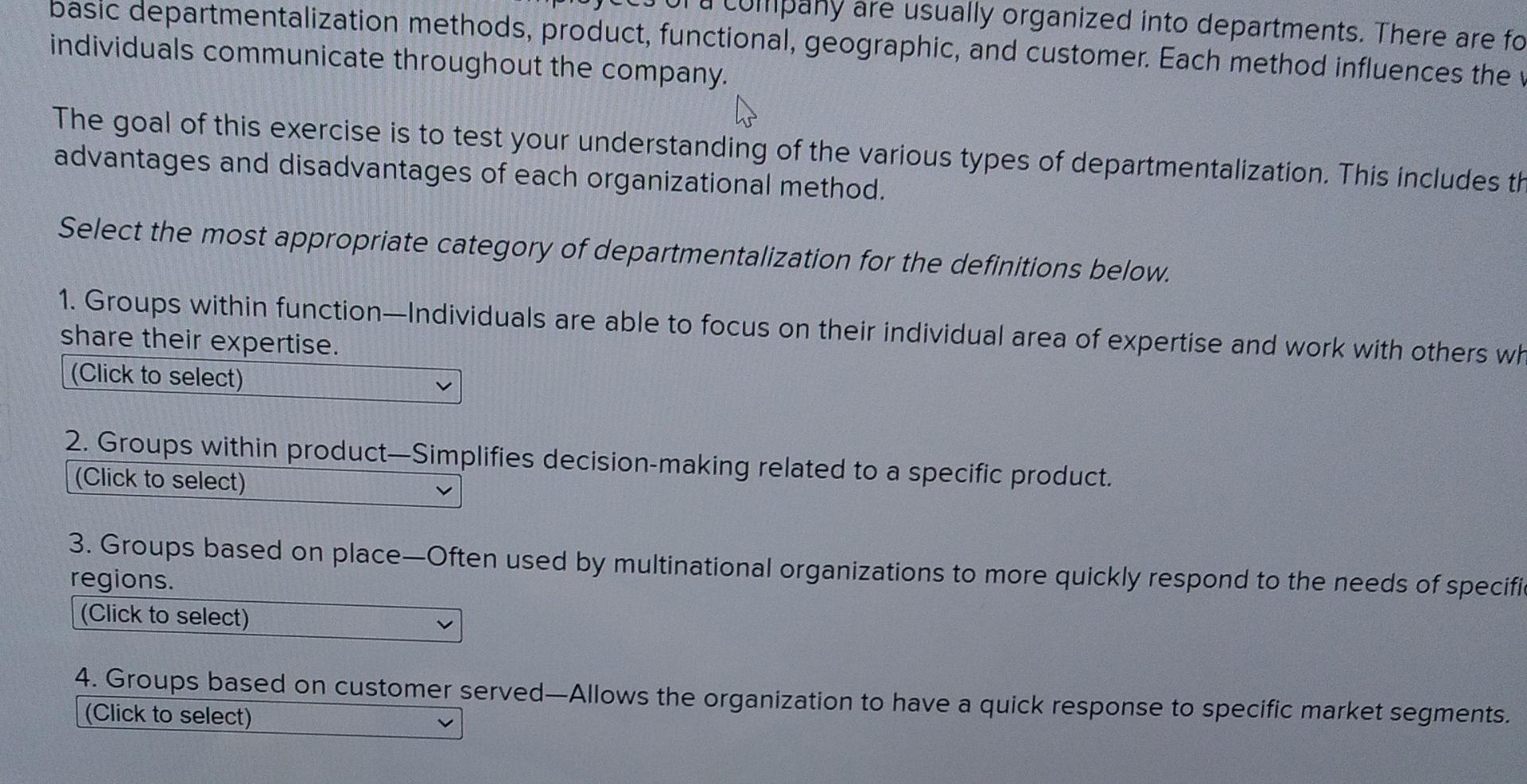 Solved Methods of Departmentalization This activity is | Chegg.com