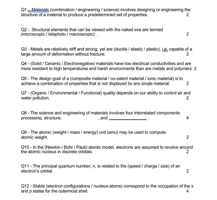 Solved Q1 - Materials (combination / engineering / science) | Chegg.com