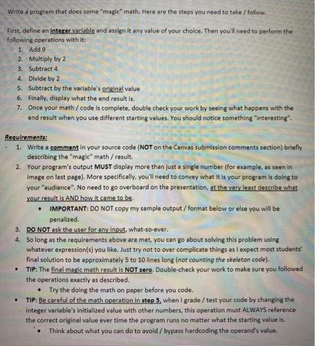 Solved Write a program that does some "magic" math. Here are | Chegg.com