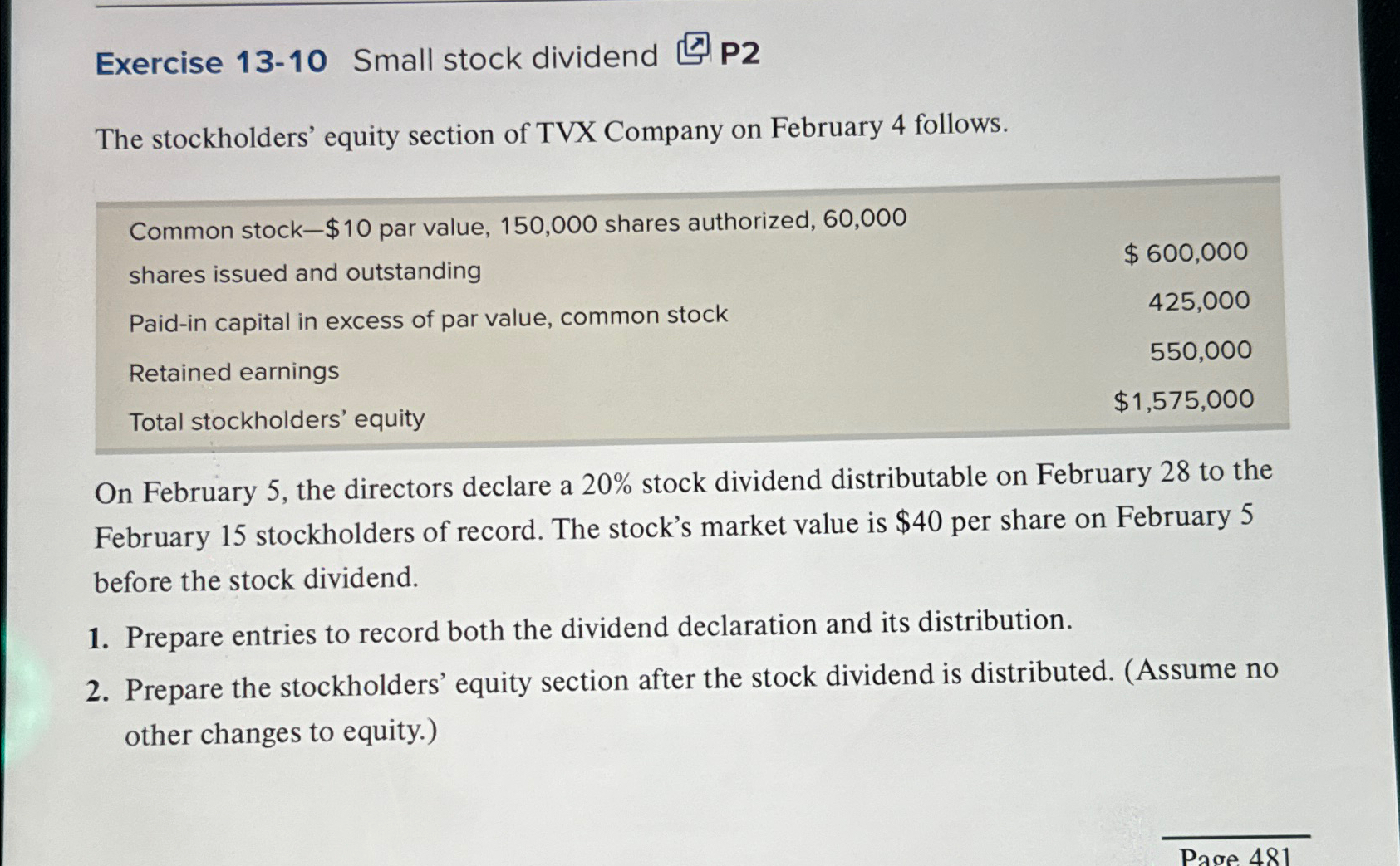 Solved Exercise 13-10 ﻿Small stock dividend P2The | Chegg.com
