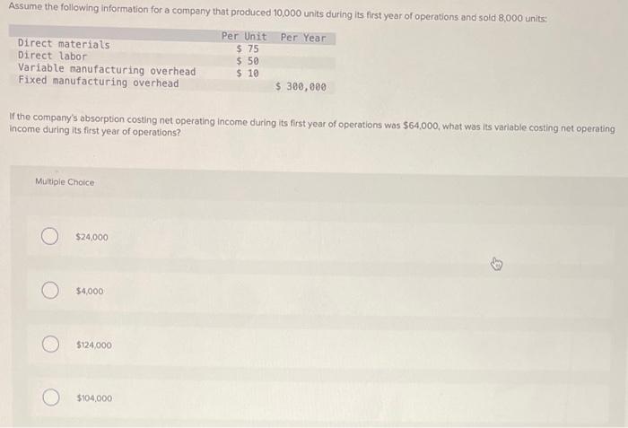 Solved If the company's absorption costing net operating | Chegg.com