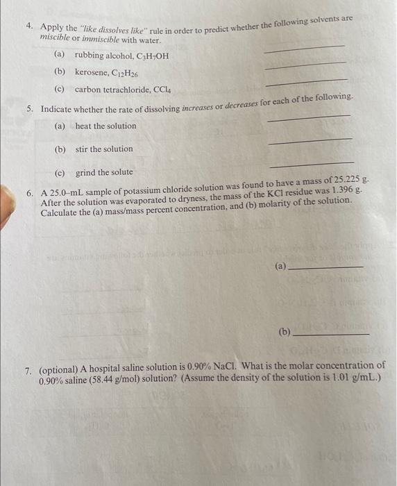 Solved 4. Apply the "like dissolves like" rule in order to | Chegg.com