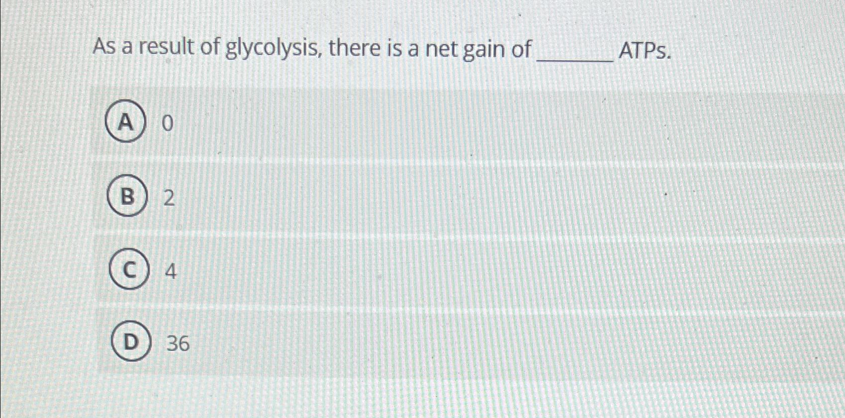 Solved As a result of glycolysis, there is a net gain of | Chegg.com