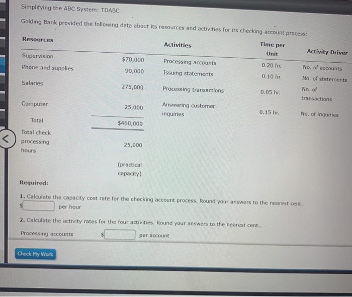 Solved Simplifying the ABC System: TDABC Golding Bank | Chegg.com