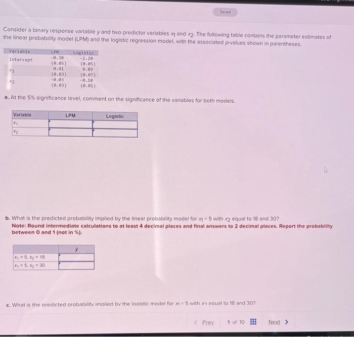 Solved Consider a binary response variable y and two | Chegg.com