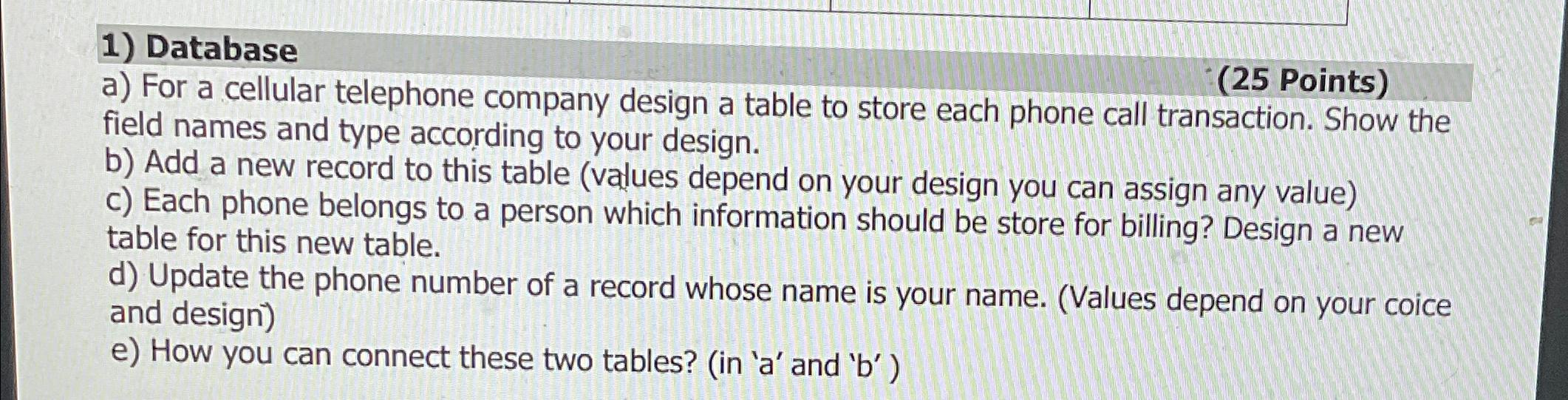 Solved Database(25 ﻿Points) ﻿field names and type according | Chegg.com