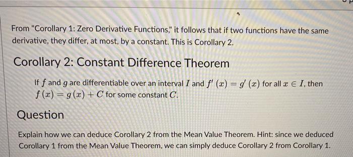 Solved From "Corollary 1: Zero Derivative Functions," it | Chegg.com