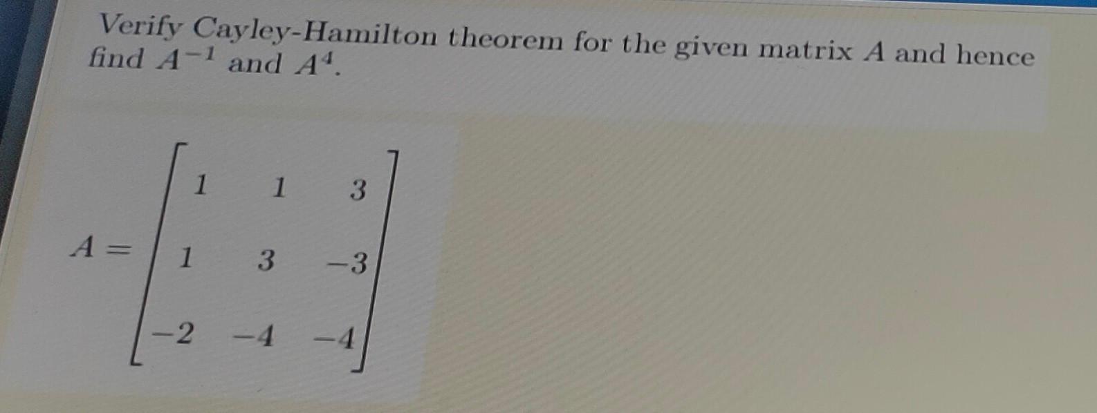 Solved Verify Cayley-Hamilton theorem for the given matrix A | Chegg.com