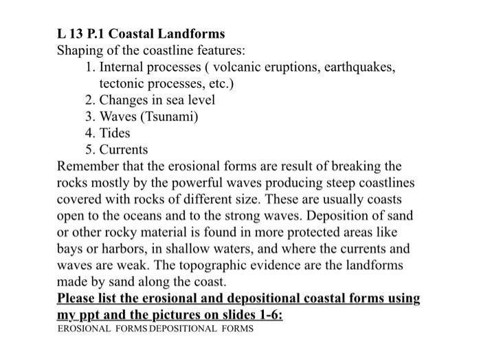 Solved L 13 P.1 Coastal Landforms Shaping of the coastline | Chegg.com
