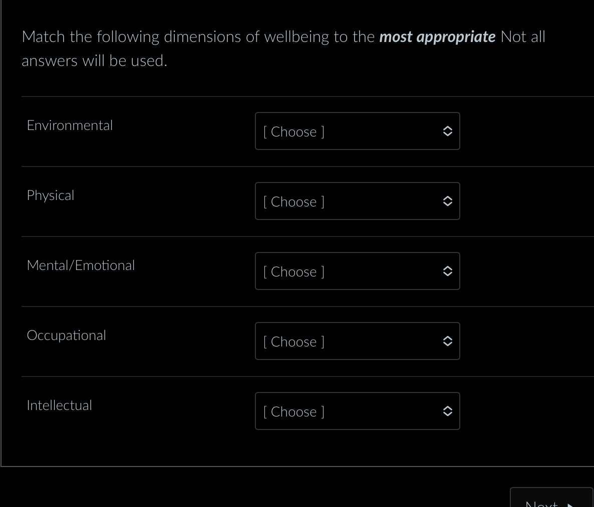 Solved Match the following dimensions of wellbeing to the | Chegg.com