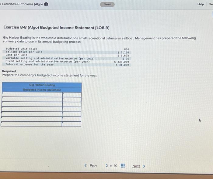 Solved Exercise 8-8 (Algo) Budgeted Income Statement [LO8-9] | Chegg.com