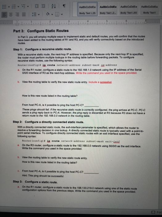 Router Configuration - IPv4 Routing and Default | Chegg.com