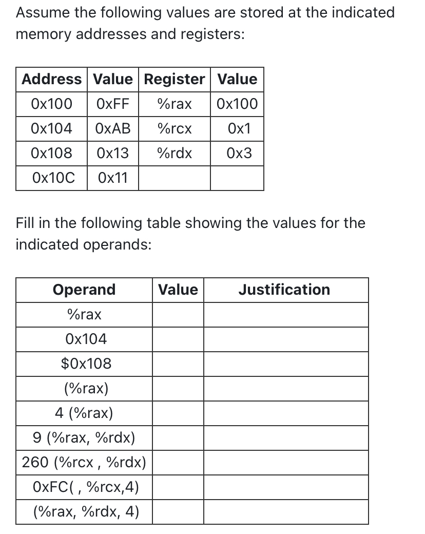 Solved Assume the following values are stored at the | Chegg.com