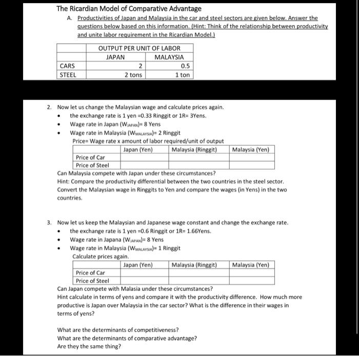 The Ricardian Model of Comparative Advantage A. | Chegg.com