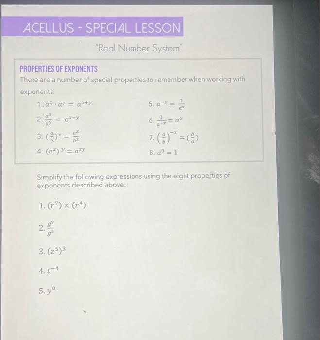Solved PROPERTIES OF EXPONENTS There are a number of special | Chegg.com