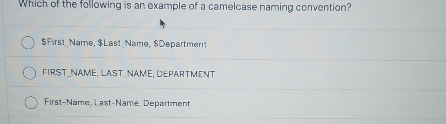 Solved Which of the following is an example of a camelcase | Chegg.com