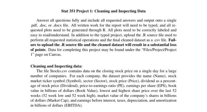 Stat 351 Project 1: Cleaning and Inspecting Data | Chegg.com