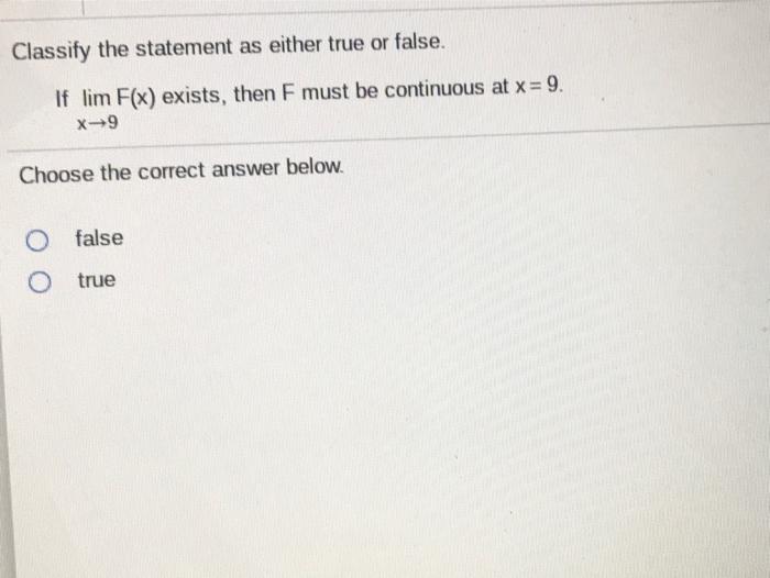 Solved 1.2.5 Classify the statement as either true or false. | Chegg.com