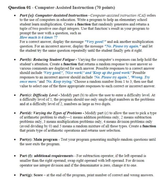 Solved Question 01 - Computer-Assisted Instruction (70 | Chegg.com
