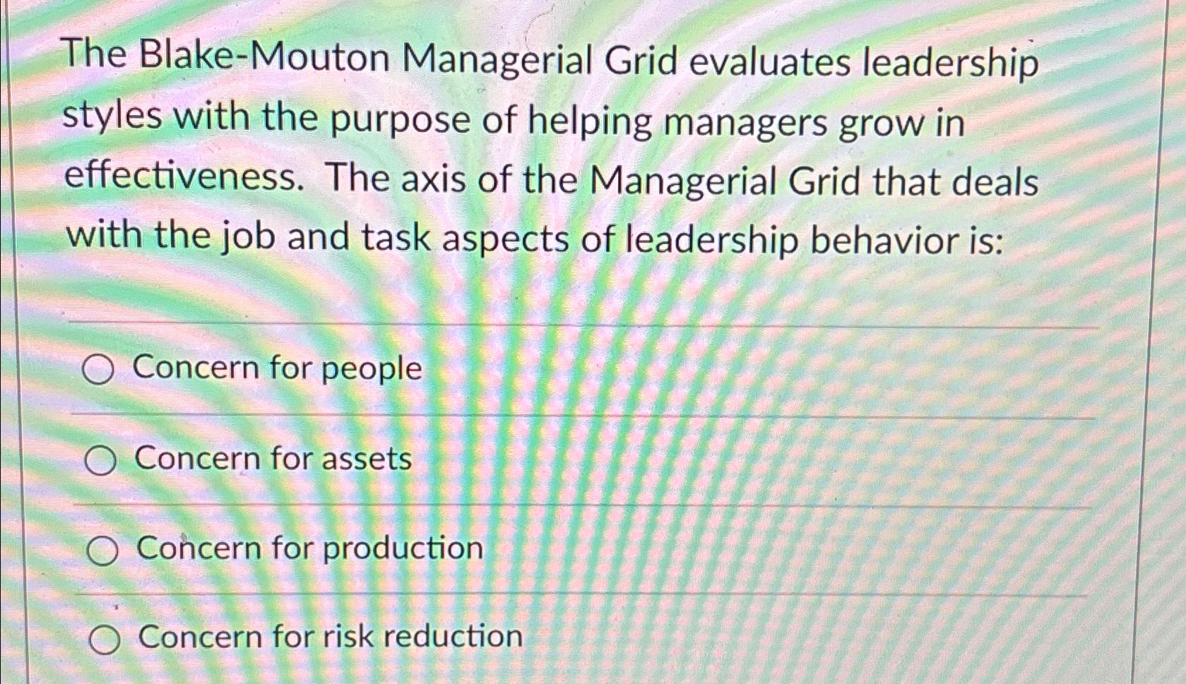 Solved The Blake-Mouton Managerial Grid evaluates leadership | Chegg.com
