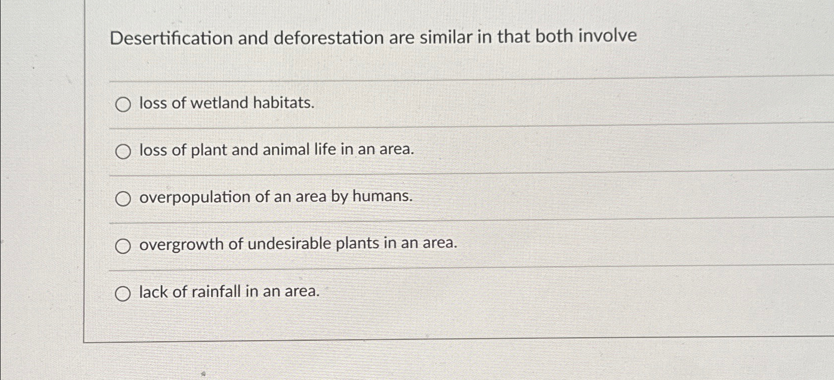 Solved Desertification and deforestation are similar in that | Chegg.com