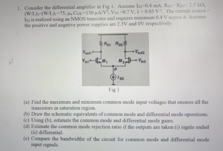 Solved by an EXPERT Consider the differential amplifier in Fig 1. ﻿Assume | Chegg.com