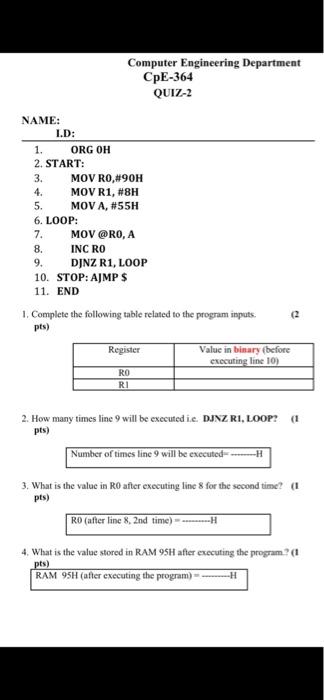Solved Computer Engineering Department CpE−364 QUIZ-2 1. | Chegg.com
