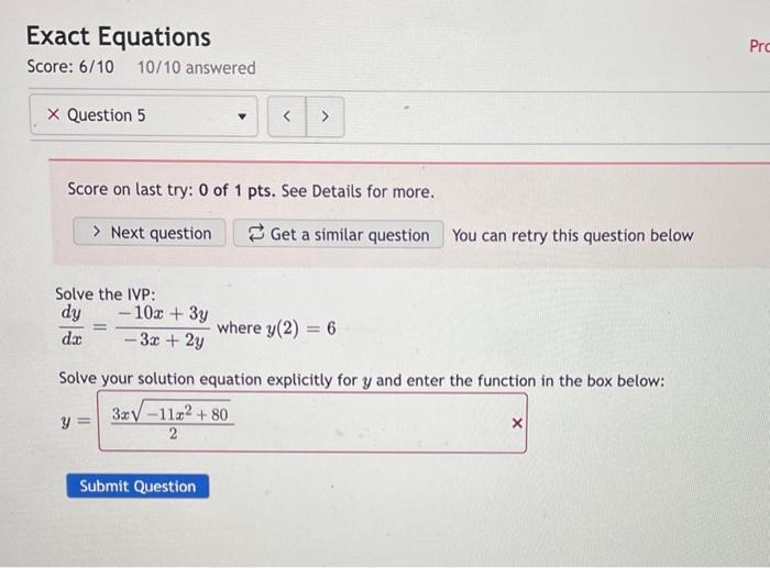 Solved Exact Equations Score: 6/10 10/10 answered Score on | Chegg.com