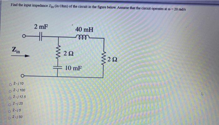 Solved Find the input impedance Zin (in Ohm) of the circuit | Chegg.com