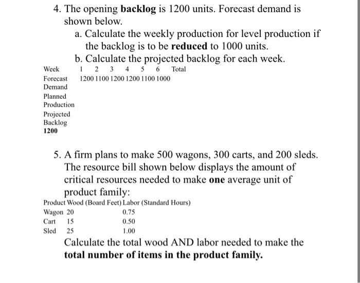 Solved 4. The opening backlog is 1200 units. Forecast demand | Chegg.com