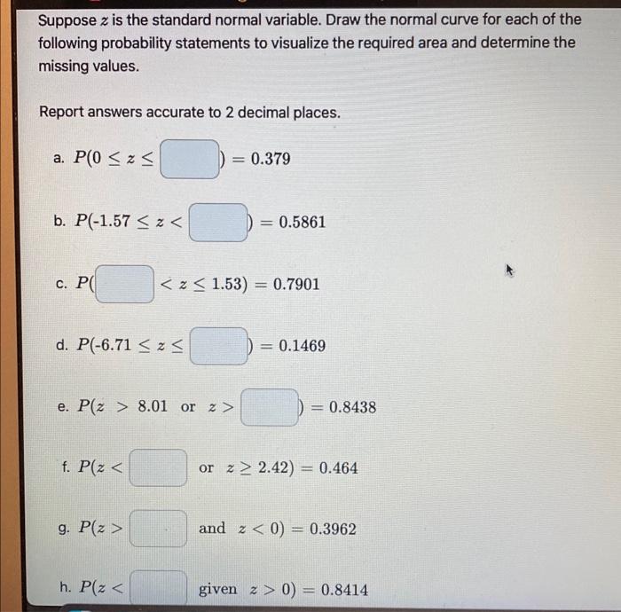 Solved Suppose z is the standard normal variable. Draw the | Chegg.com